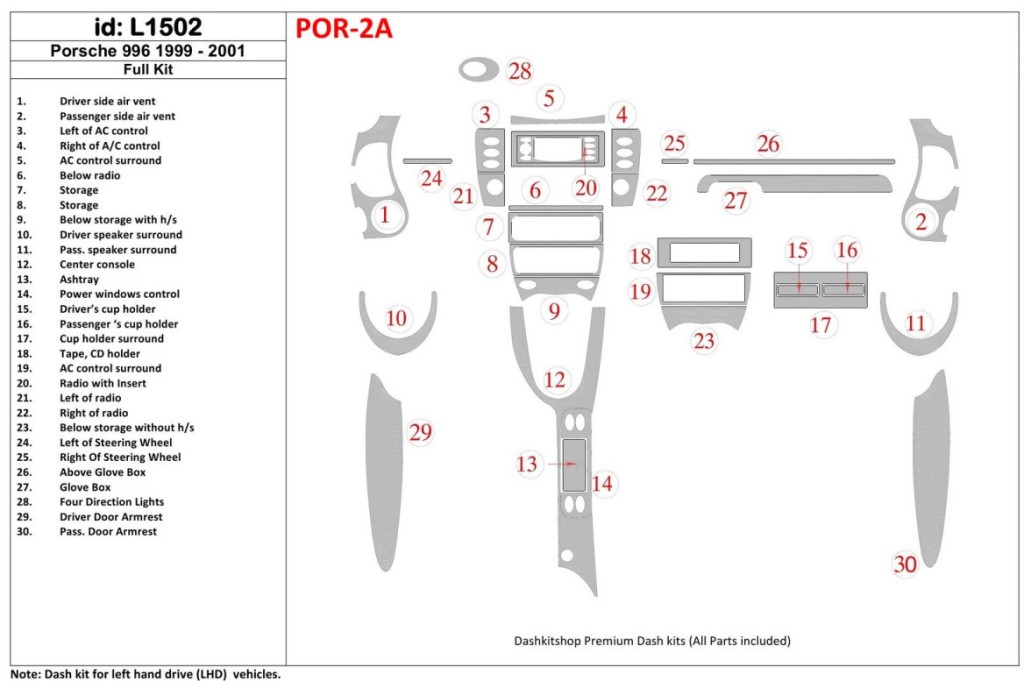 Porsche 996 1999-2001 Full Set BD Interieur Dashboard Bekleding Volhouder