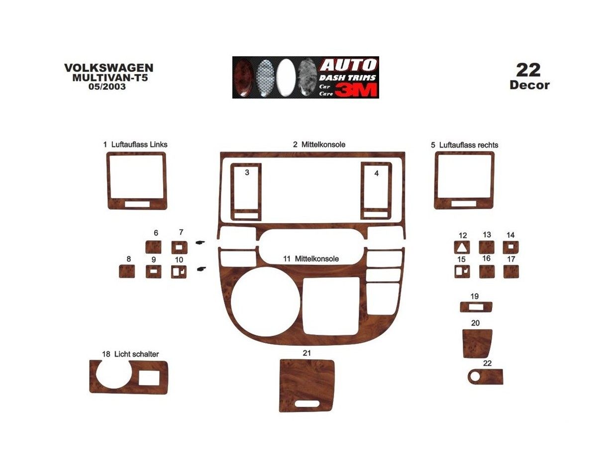 Volkswagen Multivan T5 08.03-08.09 Habillage Décoration de Tableau de Bord 22-Pièce